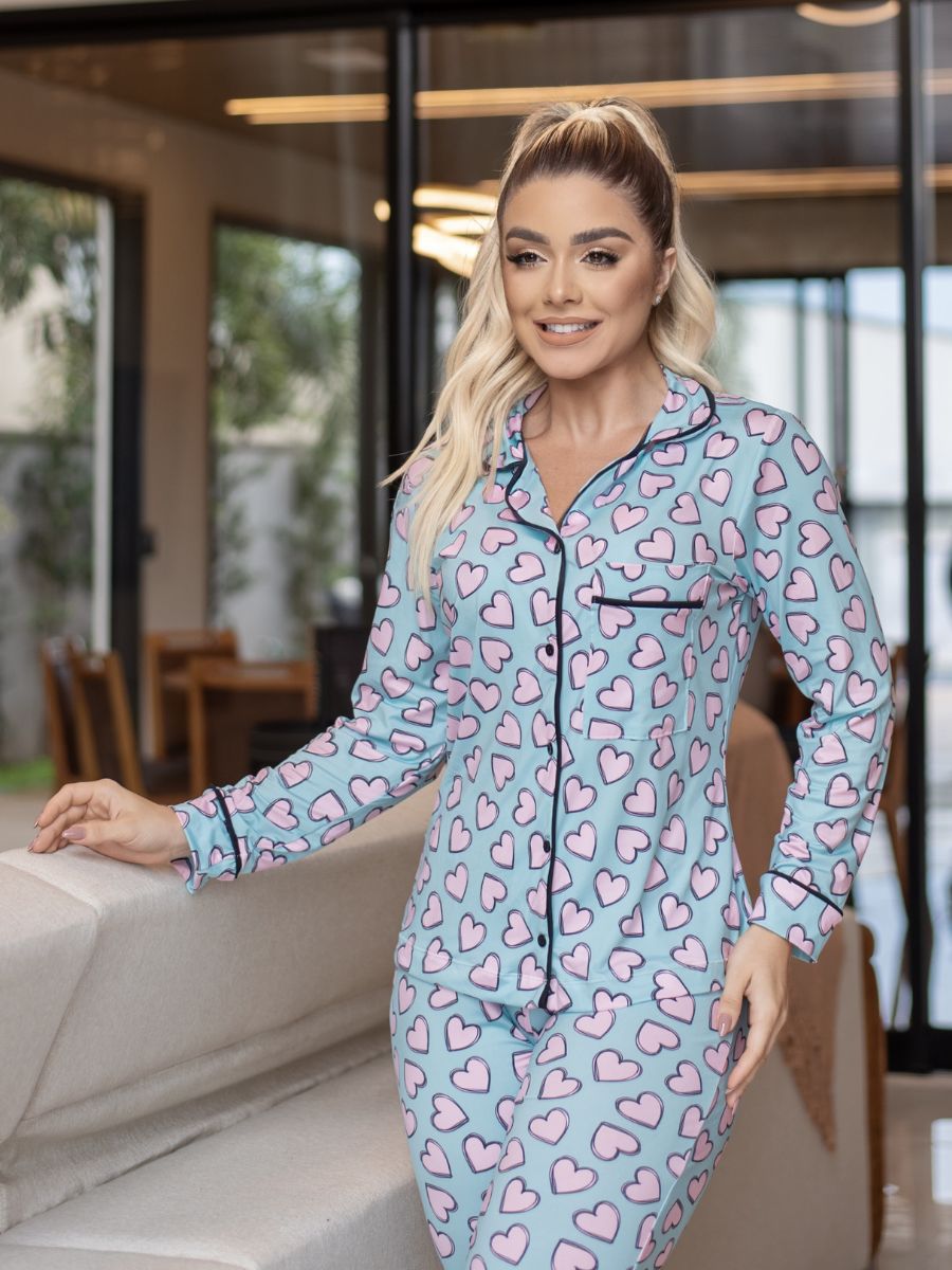 Americano Calça com Manga Longa - Azul claro com Rosa - Pantufofas